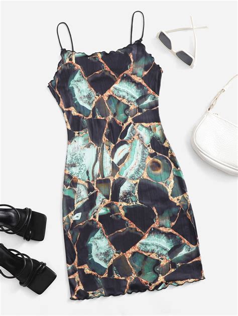 SHEIN Essnce Lettuce Trim Marble Print Dress SHEIN USA