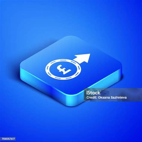 파란색 배경에 고립 된 파운드 스털링 기호 아이콘이있는 등각 칭량 동전 돈 은행 통화 기호입니다 현금 기호입니다 파란색 사각형