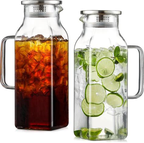 2 Pack 2 Liters68 Oz Square Glass Pitcher With Lid And Handle For