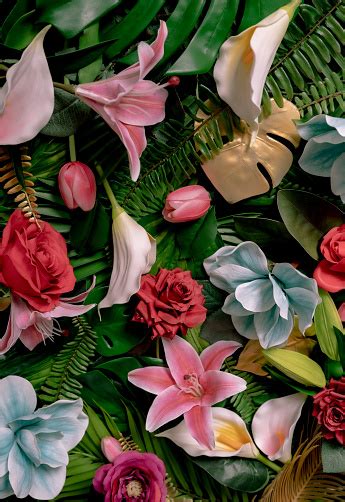 꽃과 잎으로 만든 창조적 인 패턴은 텍스트 트렌디 한 자연 장식 디자인을위한 다채로운 봄 꽃 배경 공간을 평정 컨셉 네이럴 꽃 인사말 카드 다채로운 봄 꽃 배경 공간을 마련