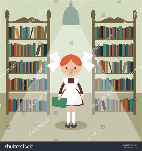 Soviet Cartoon Schoolgirl Library Simple Flat Stock Illustration