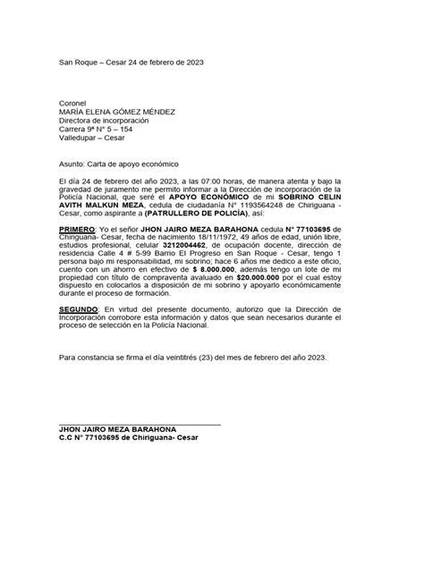 Carta De Apoyo Economico Jhon Jairo Meza Barahona Pdf