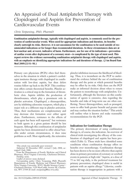 Pdf An Appraisal Of Dual Antiplatelet Therapy With Clopidogrel And