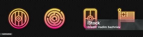세트 라인 그리스 방패 미노타우로스 미로 및 그리스 국기 빛나는 네온 아이콘입니다 벡터 검투사에 대한 스톡 벡터 아트 및 기타