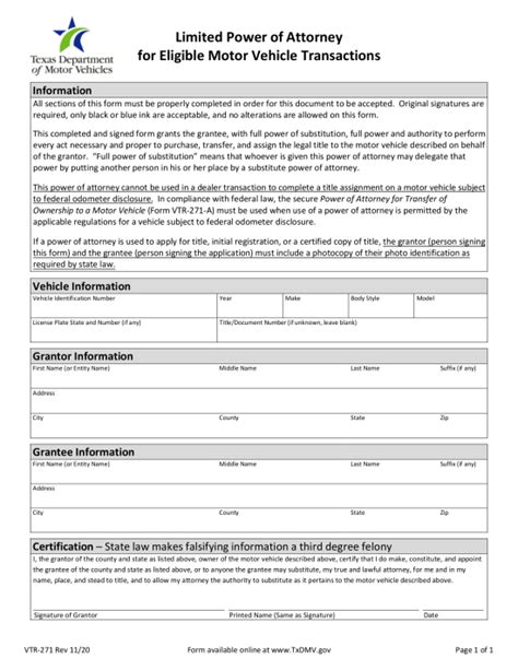 Free Texas Vehicle Power Of Attorney Form Vtr 271 Pdf Eforms