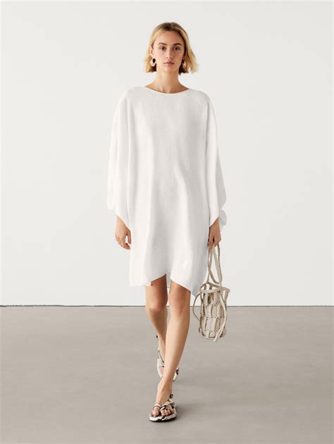 Short Linen Blend Dress With Puff Sleeves · White · Smart Dresses And