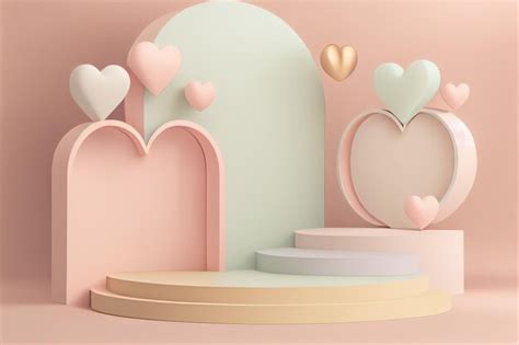 3d 하트가 있는 빈 파스텔 실린더 단상 및 복사 공간 배경 제품 3d 렌더링을 표시하기 위한 받침대 Mockup 공간이 있는
