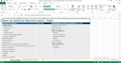 Start Up Costing Excel Template Software Engineering