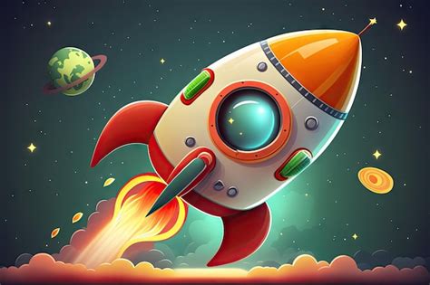 Premium Ai Image Cute Rocket Start With View Of Outer Space In The