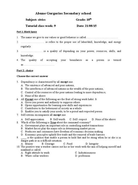 Abune Gorgorios Secondary School Subject Civics Grade 10 Tutorial