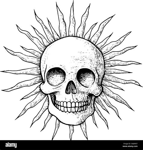 A Detailed Illustration Of A Skull Surrounded By Sun Rays Featuring Intricate Line Work And