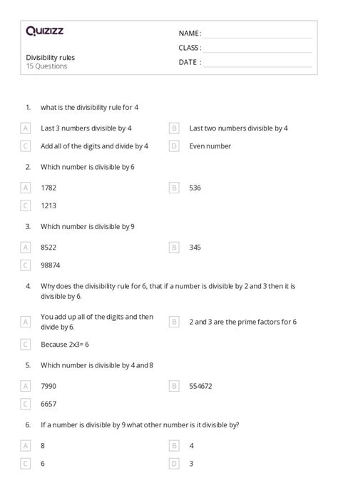 50 Divisibility Rules Worksheets For 6th Class On Quizizz Free