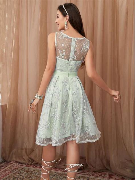 Floral Embroidery Mesh Overlay Dress Shein Usa