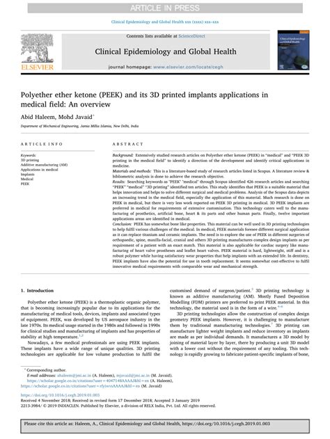 Pdf Polyether Ether Ketone Peek And Its 3d Printed Implants