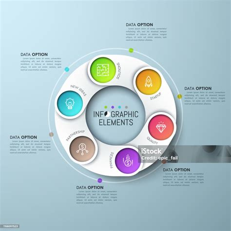 6 종이 흰색 겹치는 부분 컬러 배경 및 텍스트 상자에 아이콘이있는 환상 다이어그램 6에 대한 스톡 벡터 아트 및 기타 이미지 6 개념 개발 Istock