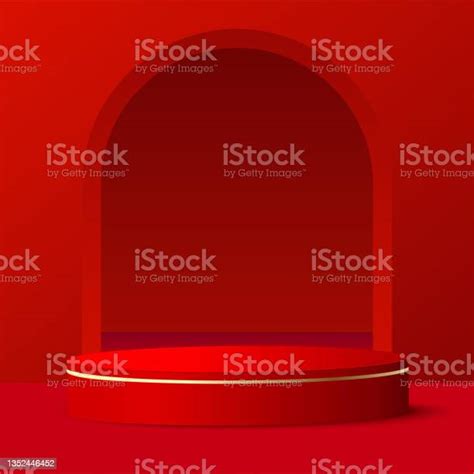 붉은 색 기하학적 3d 연단과 추상적 인 배경 벡터 일러스트레이션 0명에 대한 스톡 벡터 아트 및 기타 이미지 0명 3차원 형태 Fashion Show Istock