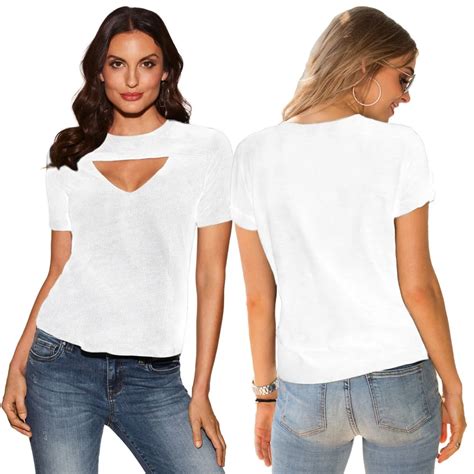 Casual Female O Neck Keyhole Front Tshirt Women Summer Short Sleeve