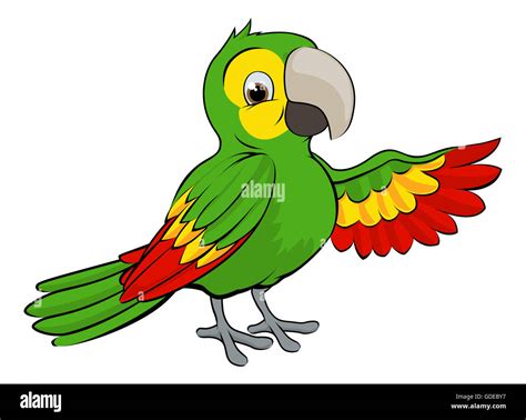 A Cartoon Green Parrot Bird Pointing Or Waving With Its Wing Stock