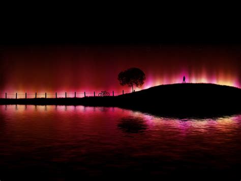 Trees Colorful Digital Art Sunset Night Water Red Reflection