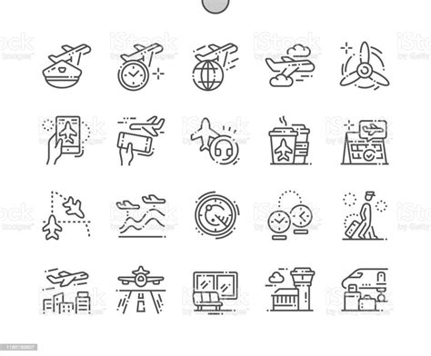 항공 잘 만들어진 픽셀 완벽한 벡터 얇은 라인 아이콘 30 웹 그래픽 및 응용 프로그램을위한 그리드 2x 간단한 최소한의 그림 비행기에 대한 스톡 벡터 아트 및 기타 이미지