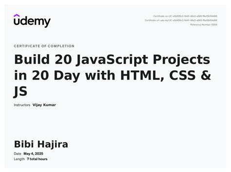 My Course Completion Certificate For Build 20 Javascript Projects In 20 Day With Html Css And Js