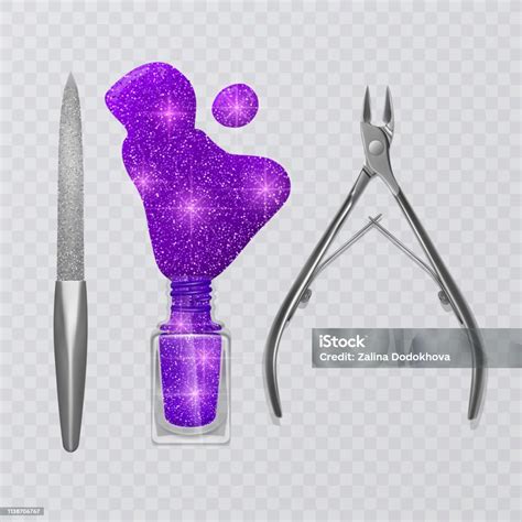 매니큐어 도구 보라색 매니큐어 손톱 파일 및 현실적인 큐티 클 리무버이 발기와 벡터 일러스트 레이 션 가락뼈에 대한 스톡 벡터 아트 및 기타 이미지 Istock