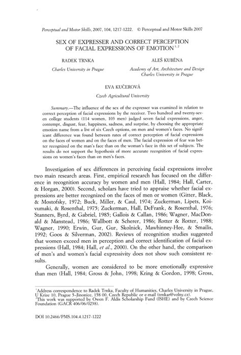 Pdf Sex Of Expresser And Correct Perception Of Facial Expressions Of Emotion
