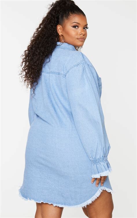 Plus Light Wash Denim Fray Hem Shirt Dress Prettylittlething