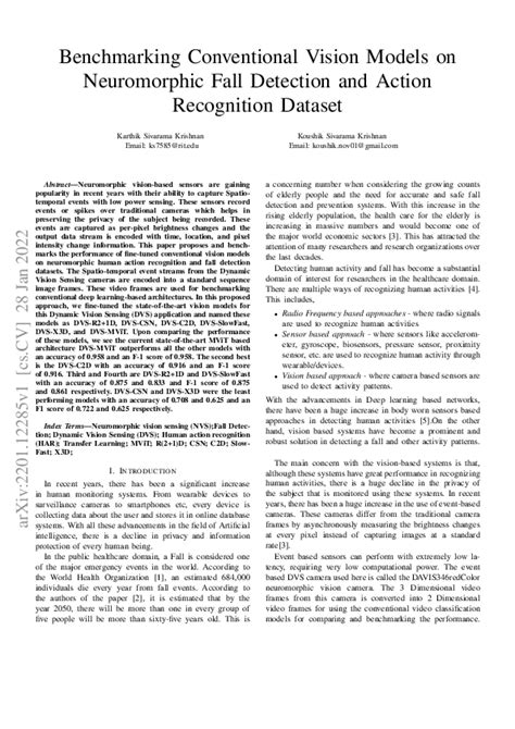 Pdf Benchmarking Conventional Vision Models On Neuromorphic Fall Detection And Action