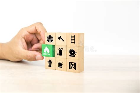 Fire Prevention Concept On Cube Wooden Toy Block Stack With Door Exit Sing Or Fire Escape For