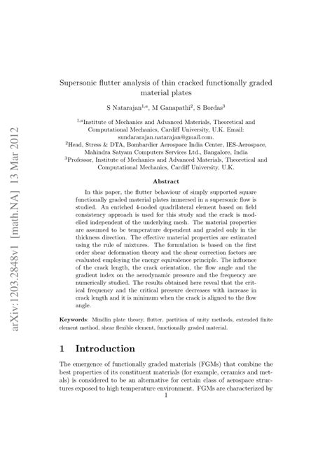 Pdf Supersonic Flutter Analysis Of Functionally Graded Material Plates With Cracks