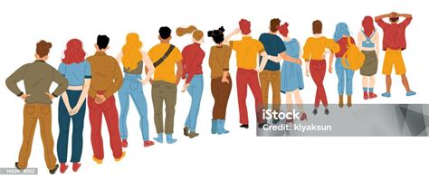 People Queue From Behind Characters Stand In Line Stock Illustration