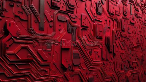 Red Circuitry Pattern On Angular Wall Technology Meets Art Stock Image