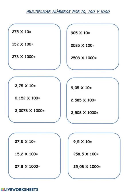Ejercicio De Multiplicar Por 10 100 Y 1000 Multiplicación De