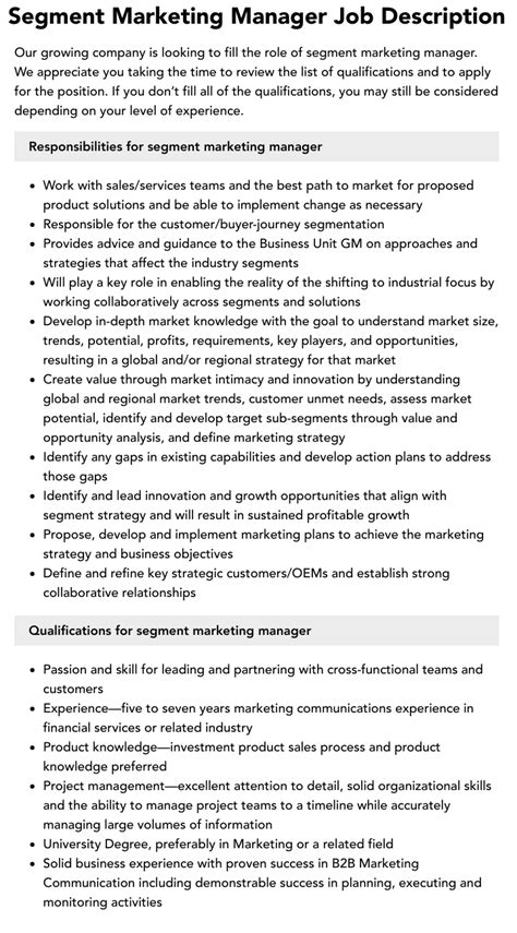 Segment Marketing Manager Job Description Velvet Jobs