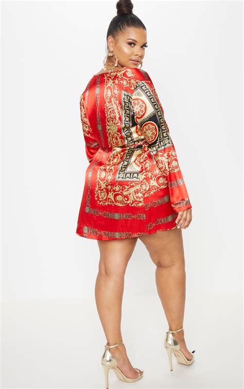 Plus Red Printed Satin Long Sleeve Wrap Dress Plus Size