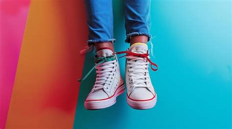 A Person Wearing Blue Jeans And A Pair Of Sneakers With A Green String