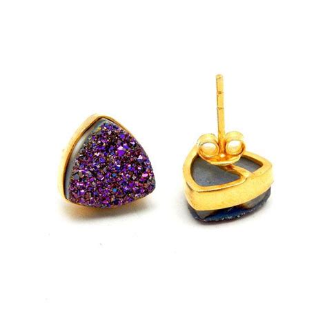 Mystic Purple Druzy Trillion Gold Over Sterling Silver Bezel Stud
