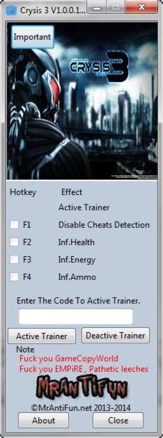 Crysis 3 Trainer 3 V1 0 0 1 Mrantifun Download Cheats Codes Trainers