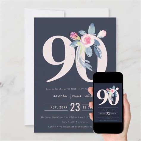 Soft Navy Blush Blue Floral 90th Any Age Birthday Invitation Zazzle