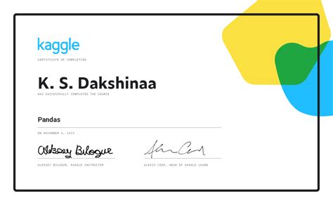 K S Dakshinaa Completed The Pandas Course On Kaggle