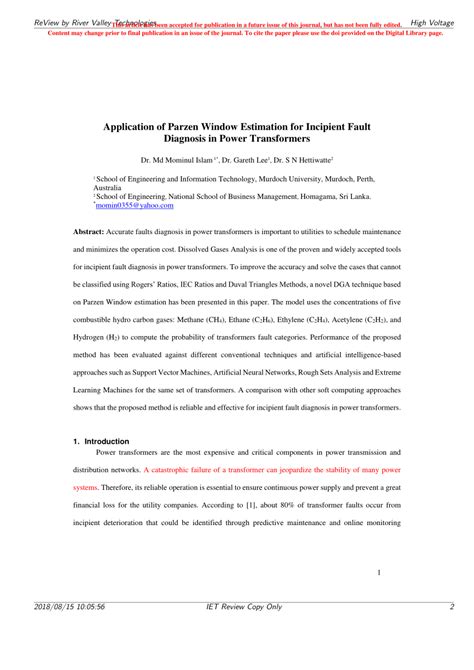 PDF Application Of Parzen Window Estimation For Incipient Fault