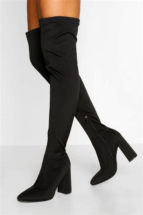 Stretch Thigh High Block Heel Boots Boohoo Uk