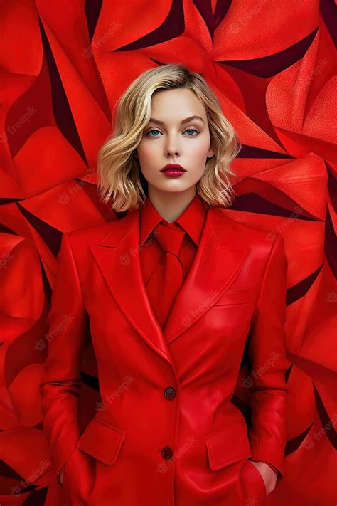 Premium Photo A Woman In A Red Suit Is Posing In Front Of A Red