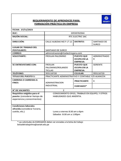 Requerimiento De Aprendices Senati Pdf