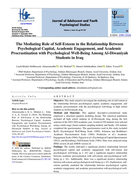 Pdf The Mediating Role Of Self Esteem In The Relationship Between Psychological Capital