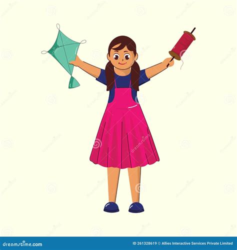 Cute Young Girl Holding Kite And String Spool On Pastel Yellow Stock