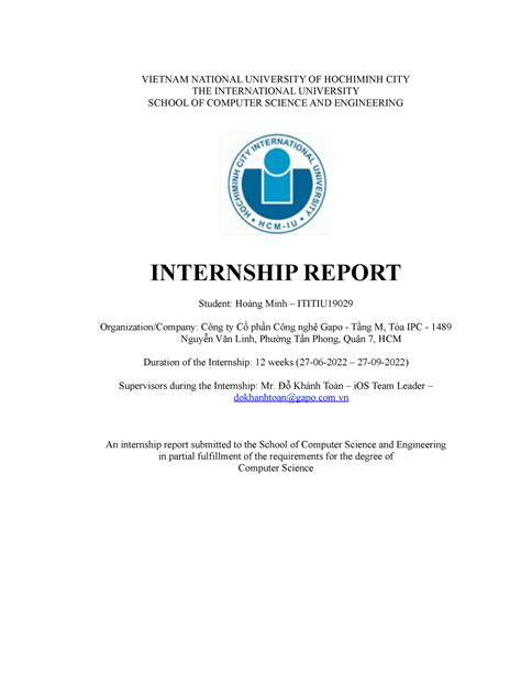 Internship Report Internship Report VIETNAM NATIONAL UNIVERSITY OF HOCHIMINH CITY THE Studocu