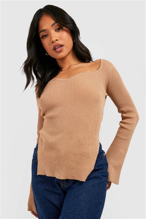 Petite Sweetheart Neckline Rib Knit Top Boohoo Uk