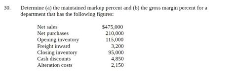 Solved 30 Determine A The Maintained Markup Percent And